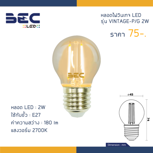 หลอดไฟวินเทจ BEC รุ่น VINTAGE-P/G 2W | แสงทองอินเตอร์เทรด